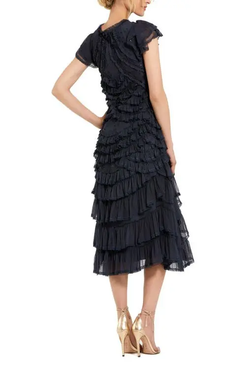 Mac Duggal High Neck Ruffle Mesh Midi Dress - Navy