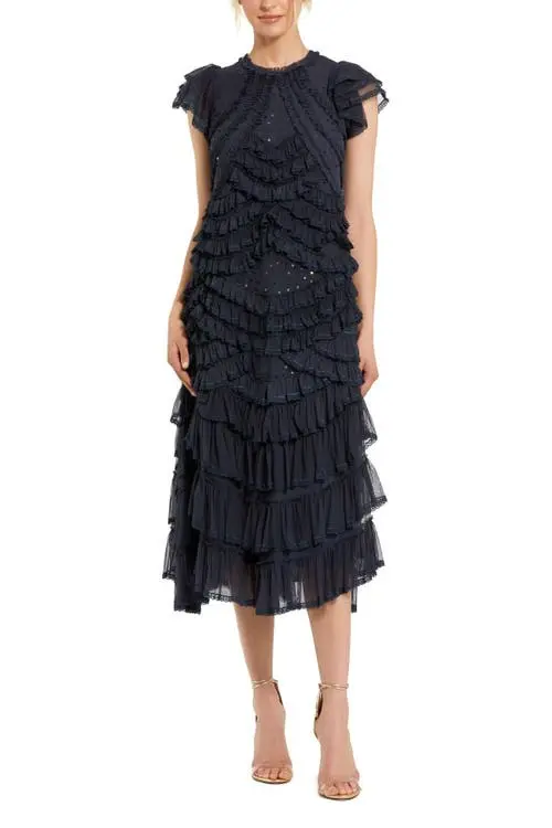Mac Duggal High Neck Ruffle Mesh Midi Dress - Navy