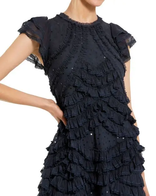 Mac Duggal High Neck Ruffle Mesh Midi Dress