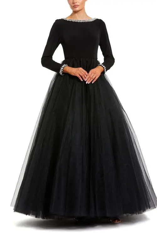 Mac Duggal Embellished Jersey Ballgown With Tulle Skirt - Black