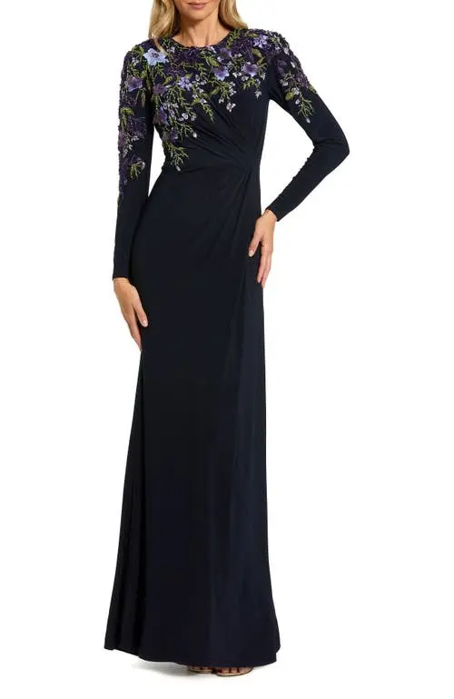 Mac Duggal Embellished Long Sleeve Fitted Jersey Gown - Midnight