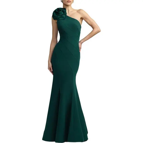 Mac Duggal Crepe One Shoulder 3d Flower Mermaid Gown - Emerald