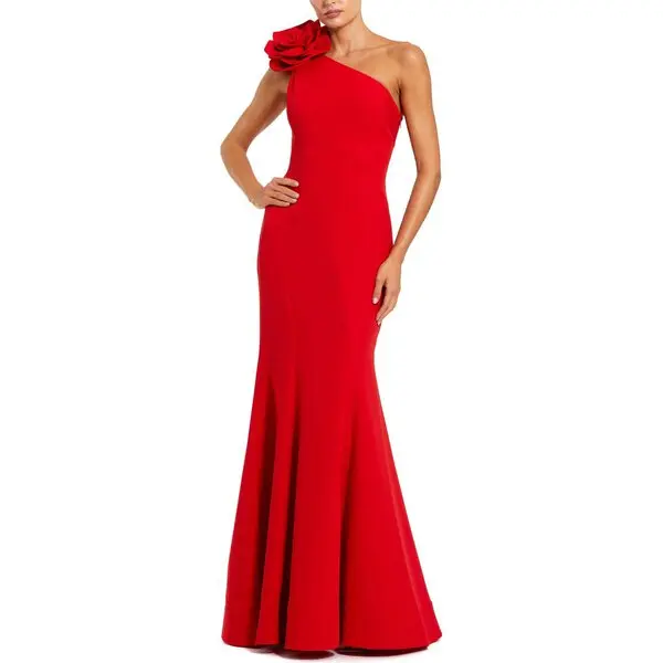 Mac Duggal Crepe One-shoulder Mermaid Gown With 3d Floral Appliqu - Red