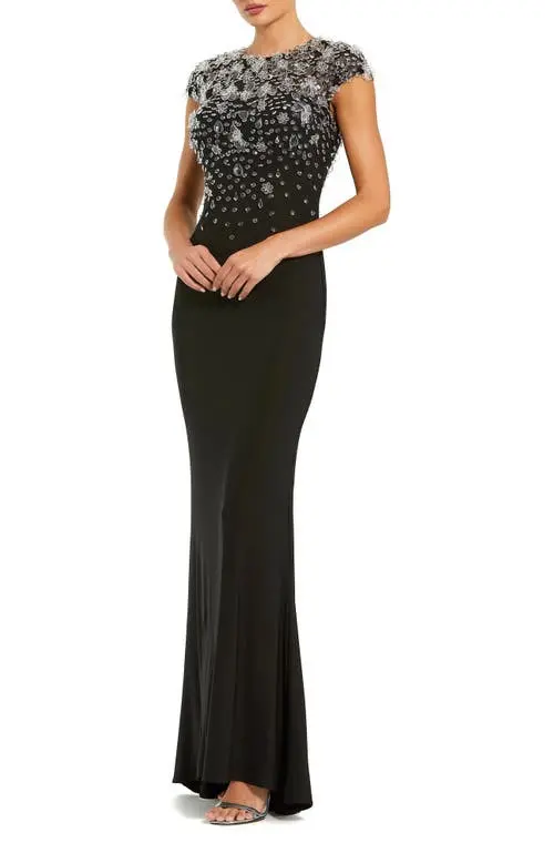 Mac Duggal Crystal Embellished Fitted Cap Sleeve Gown - Black
