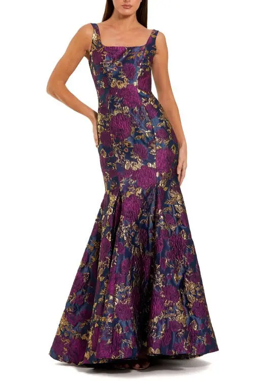 Mac Duggal Floral Brocade Trumpet Gown - Midnight Multi