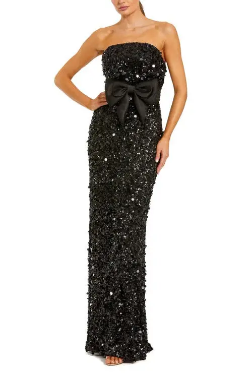 Mac Duggal Strapless Sequin Column Gown With Bow - Black