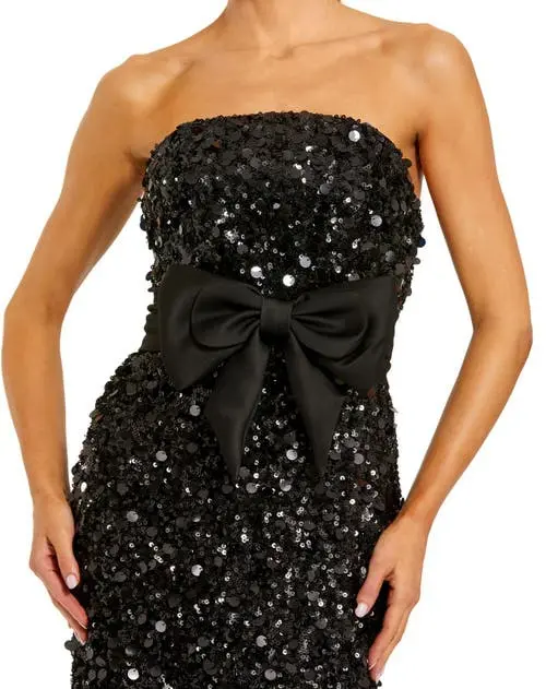 Mac Duggal Strapless Sequin Column Gown With Bow - Black