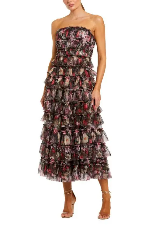 Mac Duggal Strapless Ruffle A-line Midi Dress