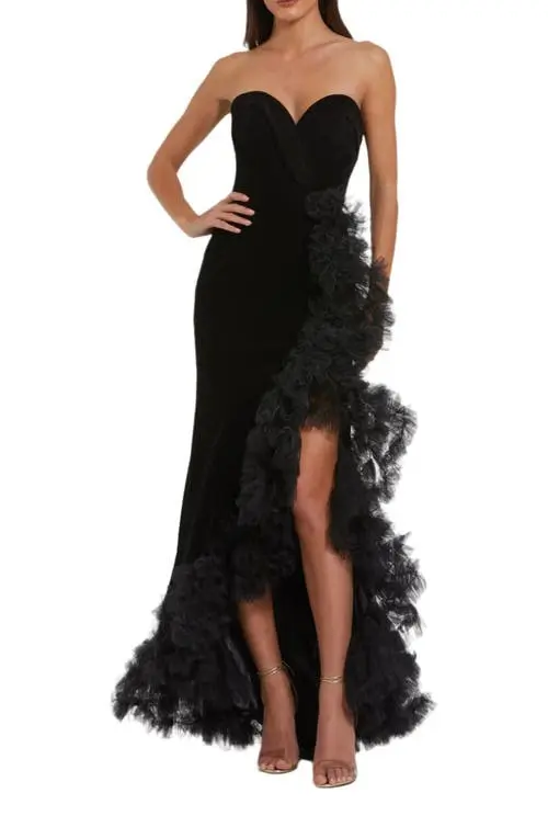Mac Duggal Strapless Velvet Mermaid Gown With Ruffle Slit - Black
