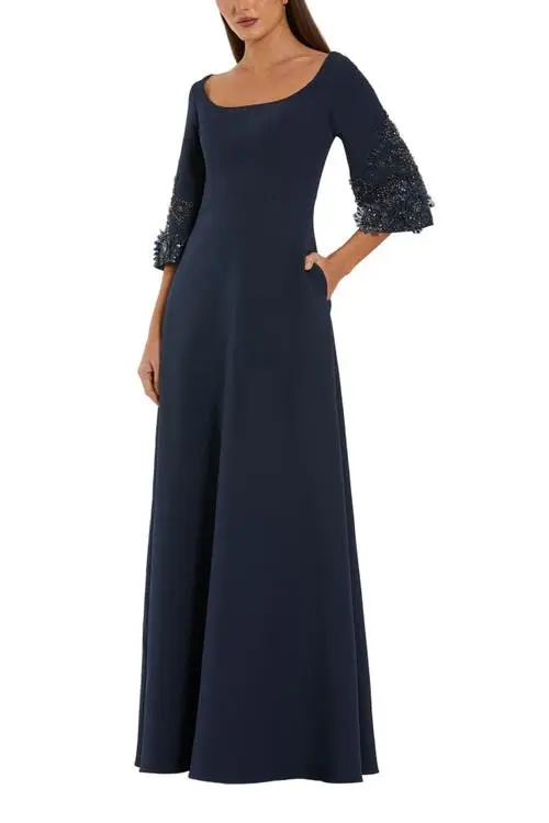 Mac Duggal Floral Embellished Sleeve Crepe Gown - Midnight