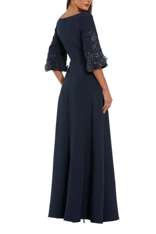 Mac Duggal Floral Embellished Sleeve Crepe Gown - Midnight