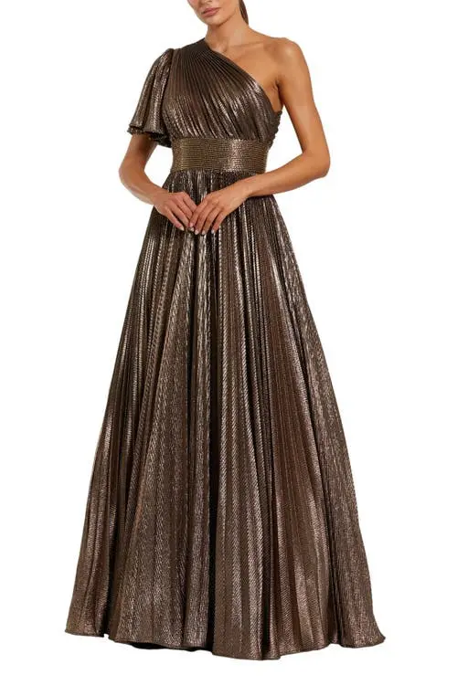 Mac Duggal One-shoulder Pleated Metallic Ballgown - Bronze