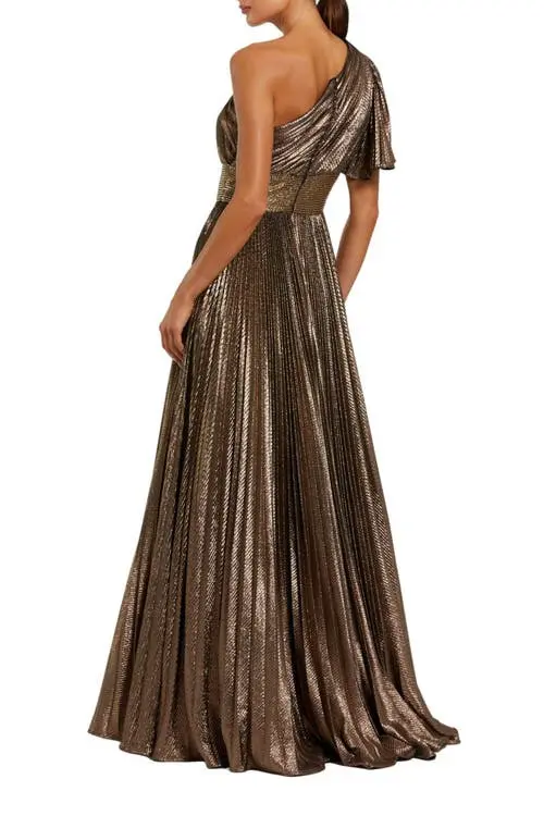 Mac Duggal One-shoulder Pleated Metallic Ballgown - Bronze