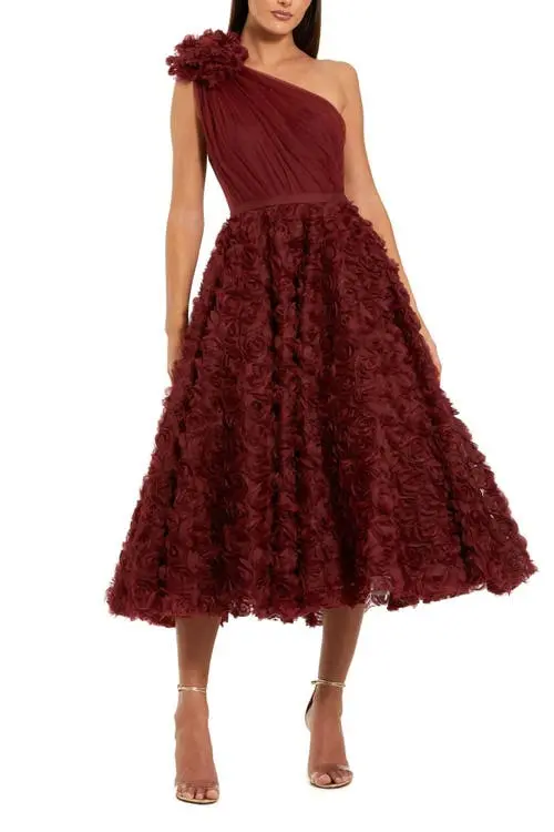 Mac Duggal Lace One-shoulder A-line Midi Dress - Wine