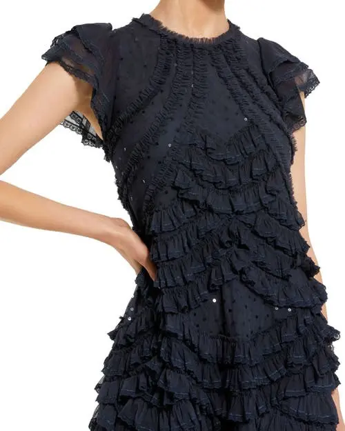 Mac Duggal Button Up Cap Sleeve Boucle A-line Midi Dress