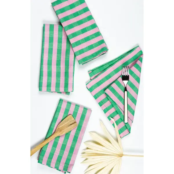 ARCHIVE NEW YORK Handwoven Colorful Striped Cotton Napkins - Pink And Green