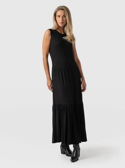SAINT + SOFIA Tiered Sleeveless Maxi Dress - Jersey Black