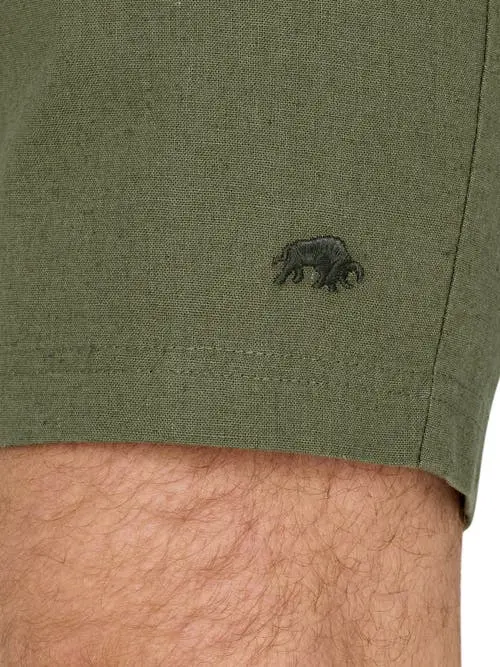 RAGING BULL Stretch Waist Linen Blend Shorts - Olive