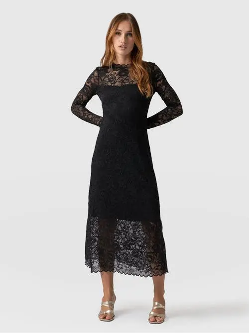 Saint + Sofia Runway Lace A-Line Midi Dress - Black | Editorialist