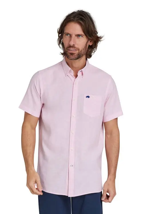 RAGING BULL Short Sleeve Linen Shirt - Pink