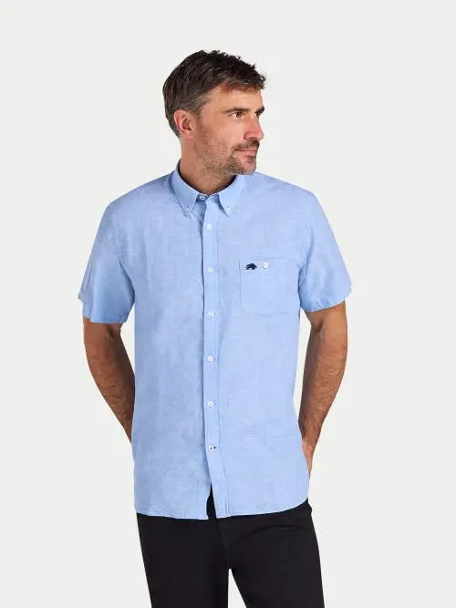 RAGING BULL Short Sleeve Linen Blend Shirt - Sky Blue