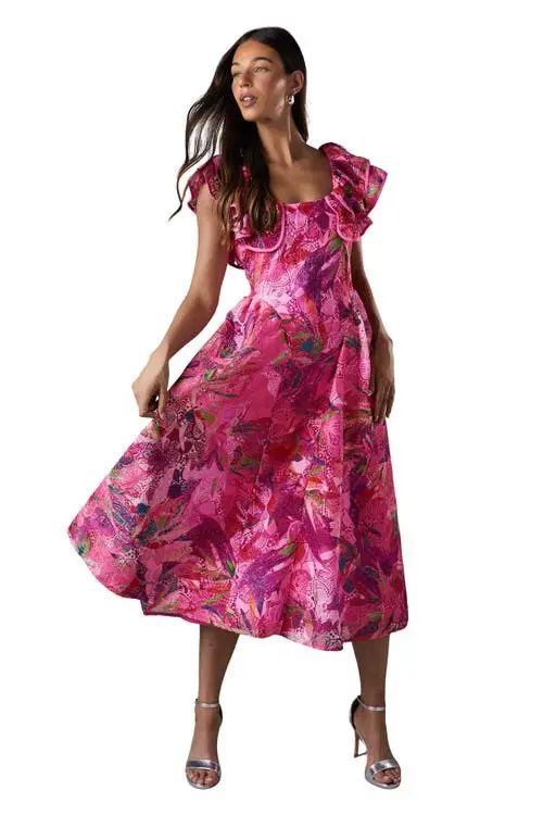 Coast Frill Sleeve Printed Midi Dress - Pink