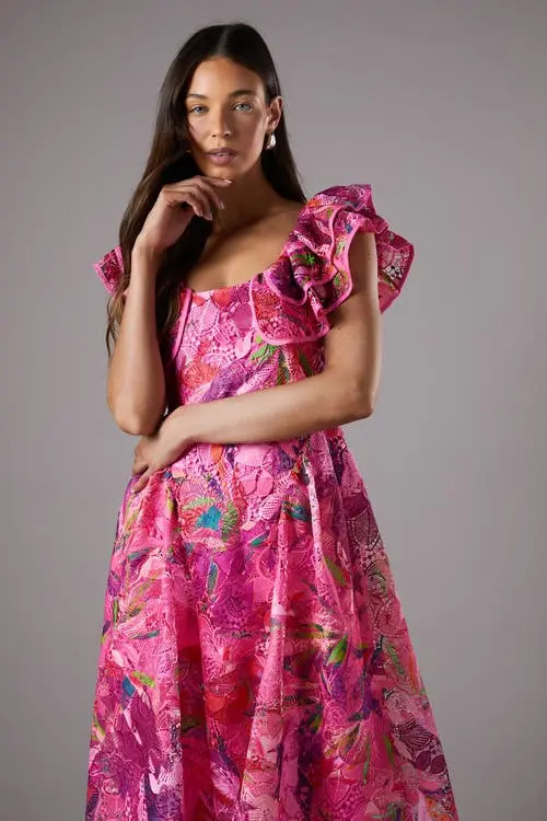 Coast Frill Sleeve Printed Midi Dress