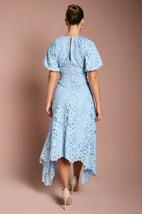 Coast Lace Puff Sleeve Hanky Hem Dress - Light Blue