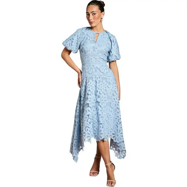 Coast Lace Puff Sleeve Hanky Hem Dress - Light Blue