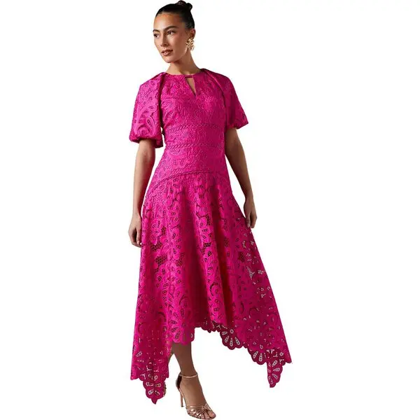 Coast Lace Puff Sleeve Hanky Hem Dress - Pink