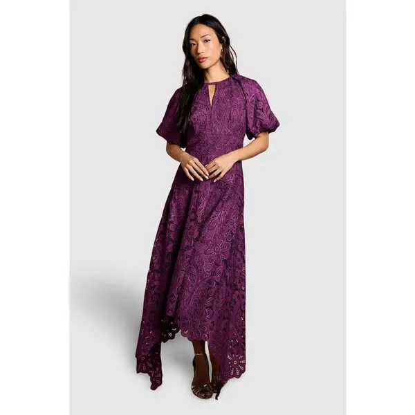 Coast Lace Puff Sleeve Hanky Hem Dress - Plum
