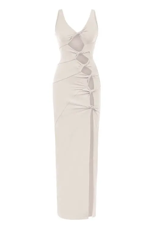 JENDUE Elegant Cut-out Maxi Gown - Beige