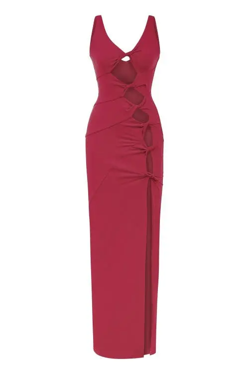 JENDUE Elegant Cut-out Maxi Gown - Cherry