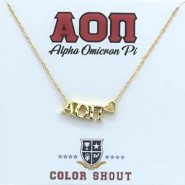 COLOR SHOUT Alpha Omicron Pi Sorority Heart Necklace - Yellow Gold