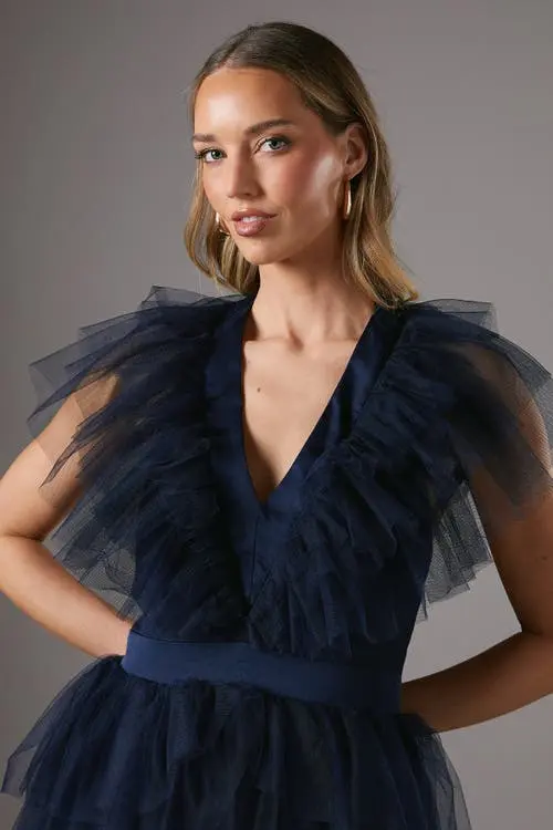 Coast Mesh V-neck Halter Tiered Maxi Dress