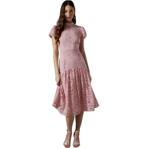 Coast Lace Frill Sleeve High Neck Midi Dress - Blush