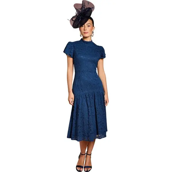 Coast Lace Frill Sleeve High Neck Midi Dress - Navy