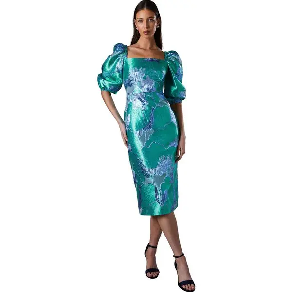 Coast Bubble Sleeve Jacquard Midi Dress - Green