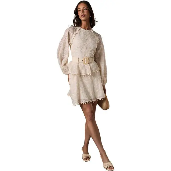Coast Long Sleeve Tiered Skirt Belted Mini Dress - Cream