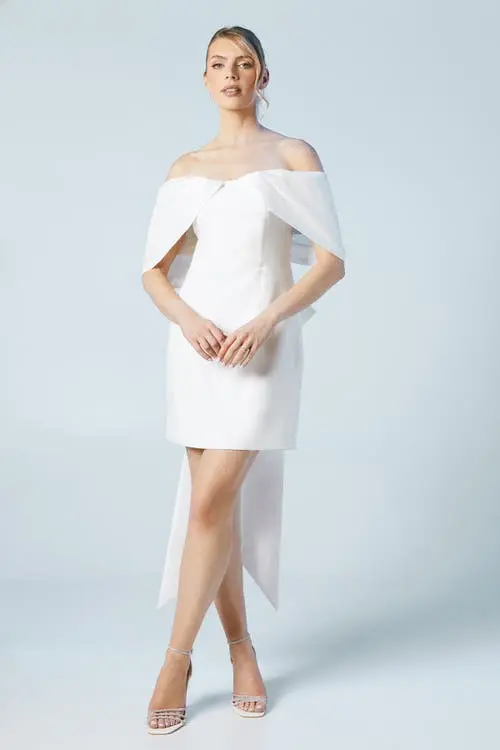 Coast Off-shoulder Bardot Mini Bridal Dress With Cape Sleeves - Ivory