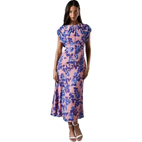 Coast Cap Sleeve Floral Chiffon Midi Dress - Nude