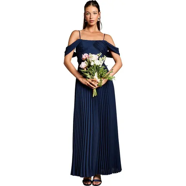 Coast Bardot Pleated Maxi Bridesmaid Dress - Navy