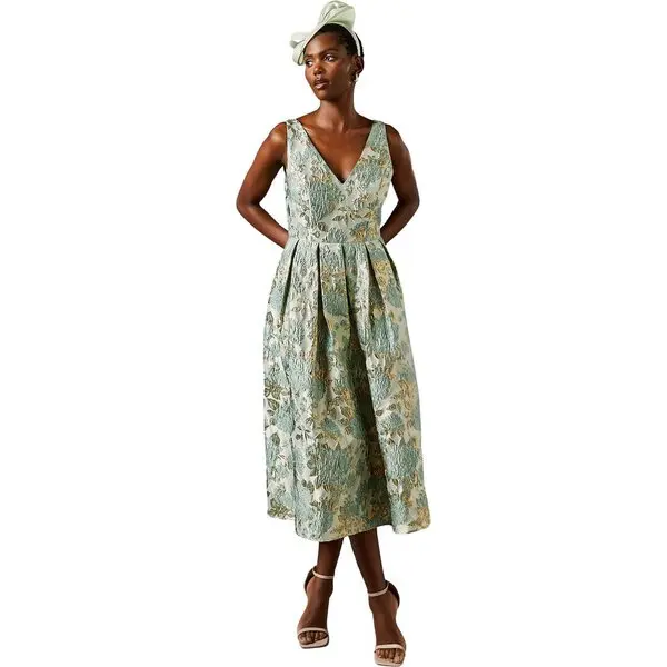 Coast V-neck Jacquard Midi Dress - Sage