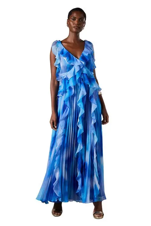 Coast Sleeveless V-neck Chiffon Maxi Dress With Frills And Pleated Skirt - Blue