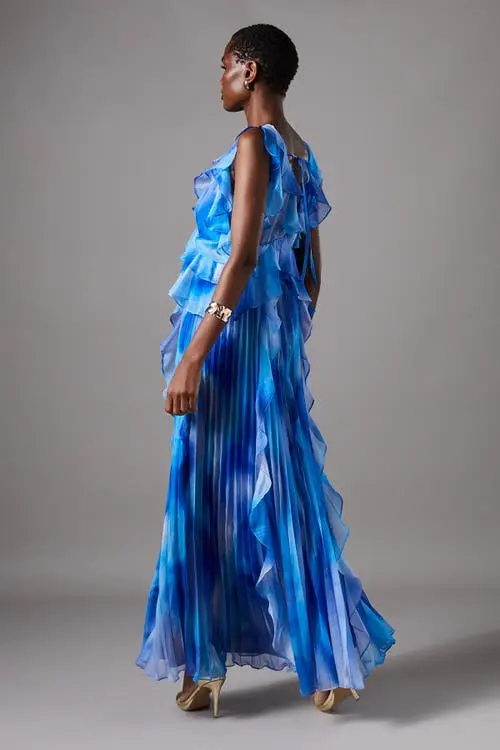 Coast Sleeveless V-neck Chiffon Maxi Dress With Frills And Pleated Skirt