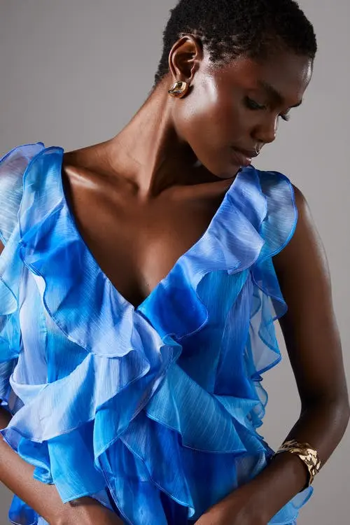 Coast Sleeveless V-neck Chiffon Maxi Dress With Frills And Pleated Skirt