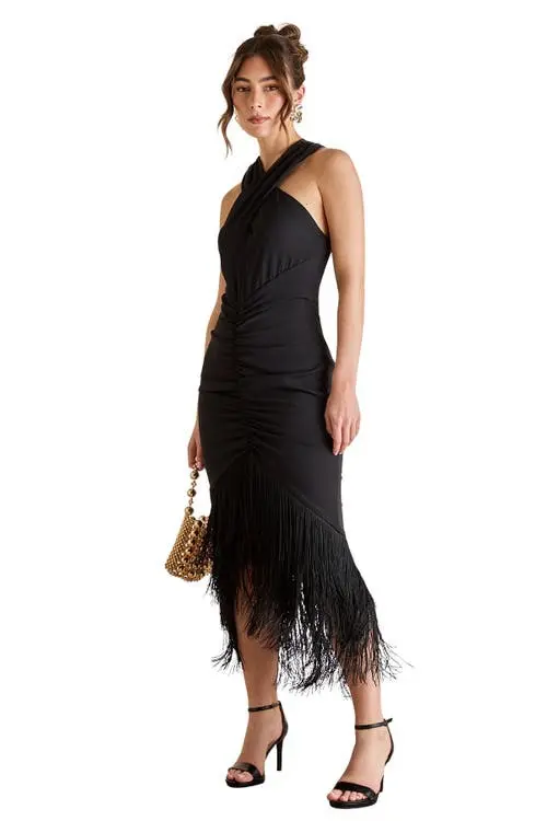 Coast Fringe Hem Cross Neck Midi Dress - Black