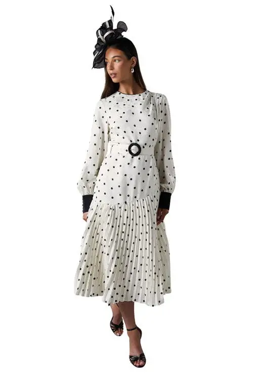 Coast Long Sleeve Pleated Midi Dress With Decorative Buckle