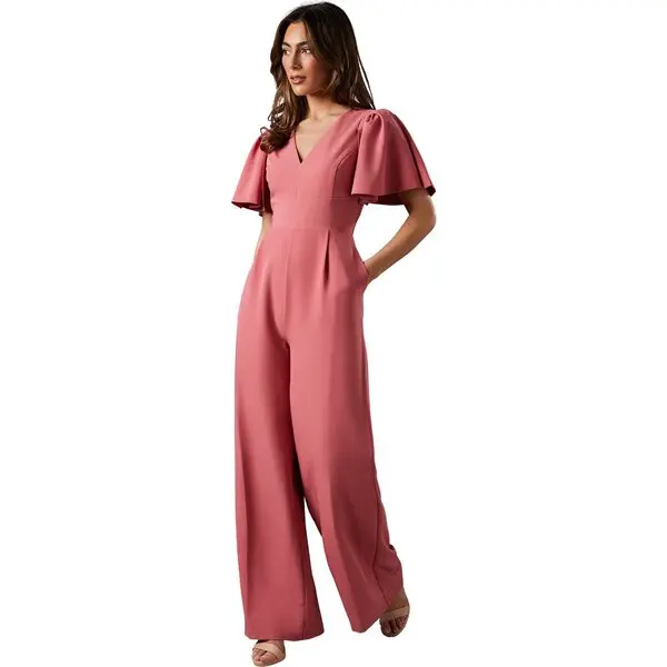 Coast Flutter Sleeve Plunge Wide Leg Jumpsuit - Rose