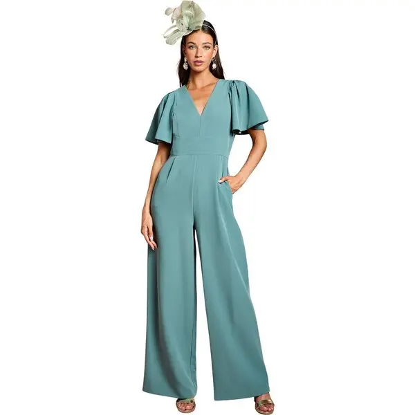 Coast Flutter Sleeve Plunge Wide Leg Jumpsuit - Sage